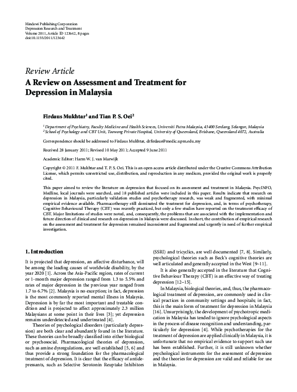 (PDF) A Review on Assessment and Treatment for Depression in Malaysia