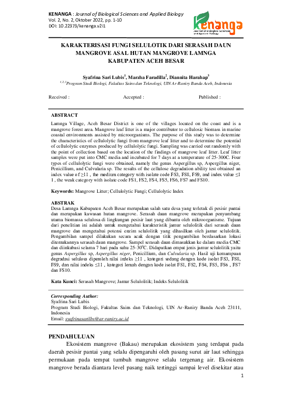 (PDF) Karakterisasi Fungi Selulotik Dari Serasah Daun Mangrove Asal ...