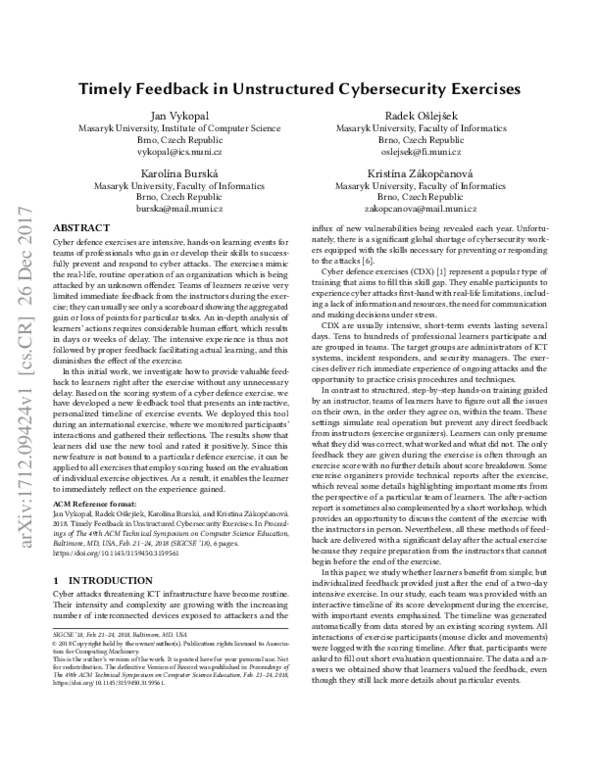 (PDF) Timely Feedback in Unstructured Cybersecurity Exercises