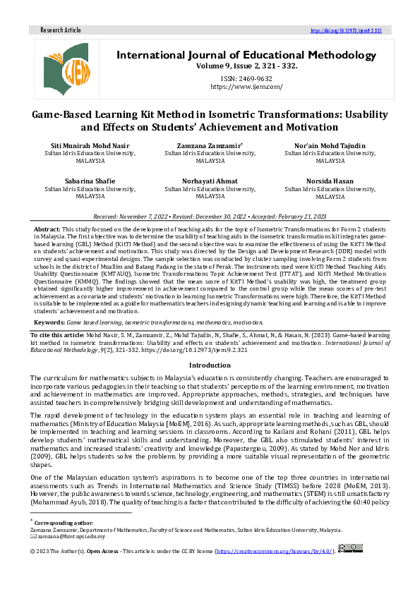 (PDF) Game-Based Learning Kit Method in Isometric Transformations: Usability and Effects on ...