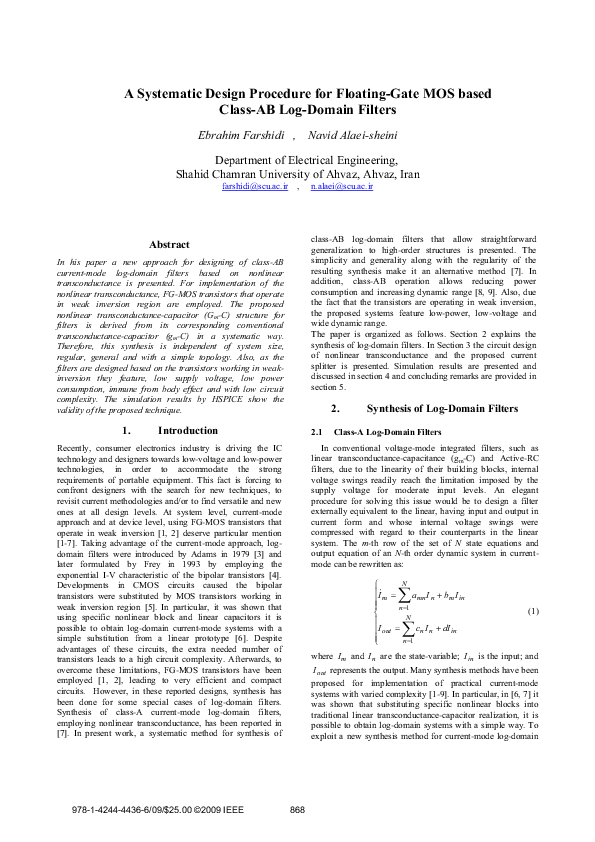 Pdf A Systematic Design Procedure For Floating Gate Mos Based Class Ab Log Domain Filters