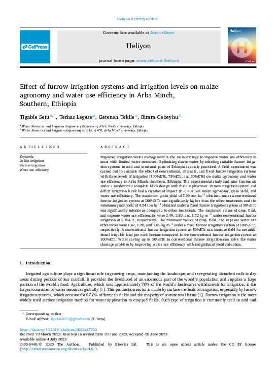 (PDF) Effect of furrow irrigation systems and irrigation levels on maize agronomy and water use ...