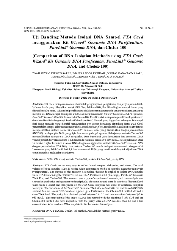(PDF) Uji Banding Metode Isolasi DNA Sampel FTA Card menggunakan Kit ...