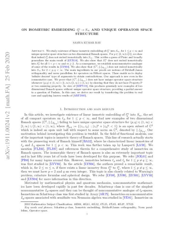 (PDF) On Isometric Embedding $\ell_p^m\to S_\infty^n$ and Unique ...