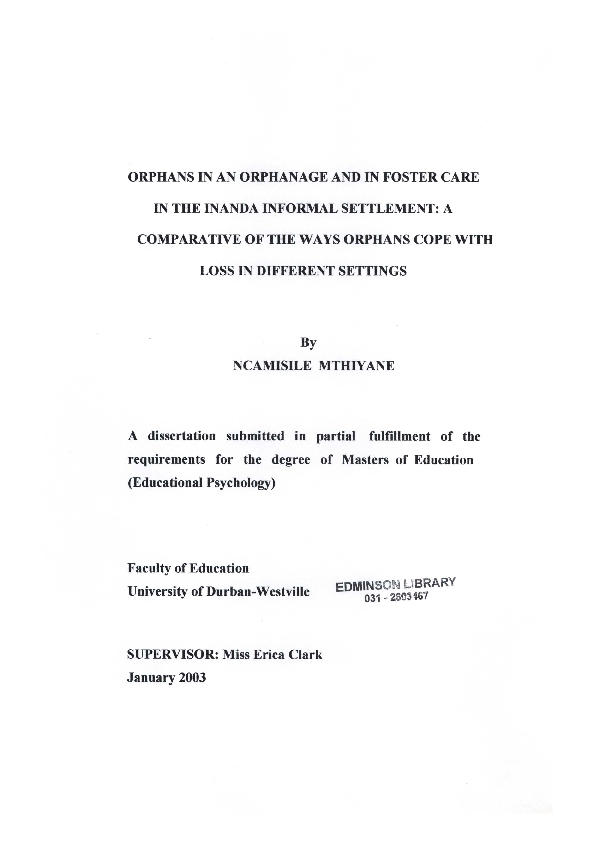 (PDF) Orphans in an orphanage and in foster care in the Inanda Informal ...