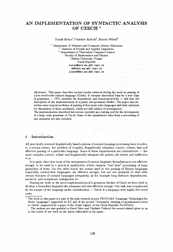 (PDF) An Implementation of Syntactic Analysis of Czech