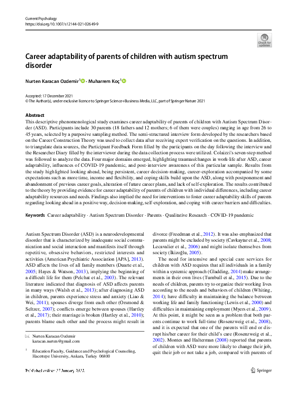 (PDF) Career adaptability of parents of children with autism spectrum ...