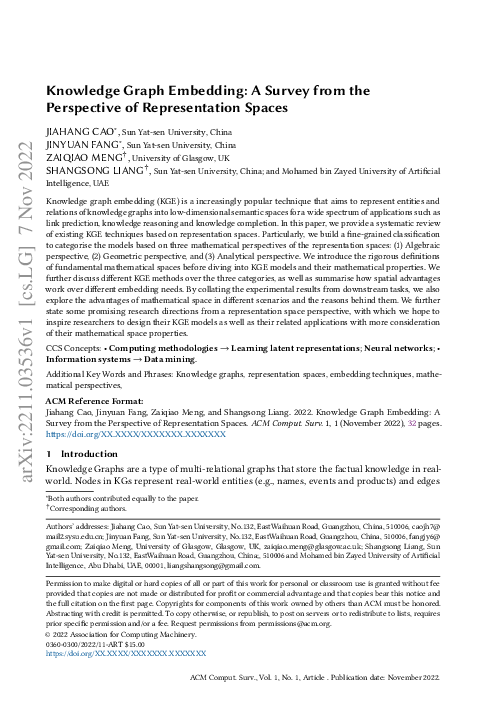 (PDF) Knowledge Graph Embedding: A Survey from the Perspective of Representation Spaces