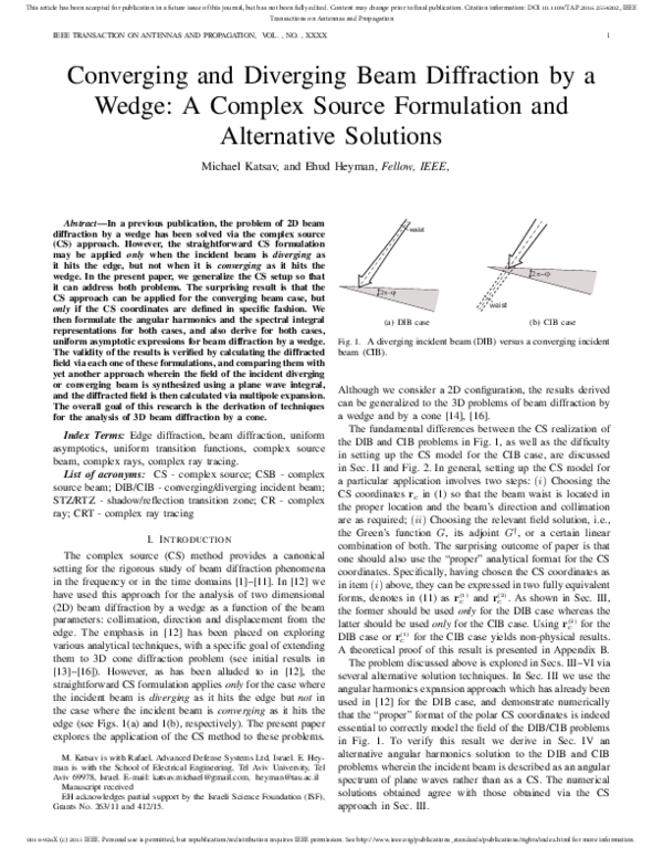 Pdf Converging And Diverging Beam Diffraction By A Wedge A Complex Source Formulation And