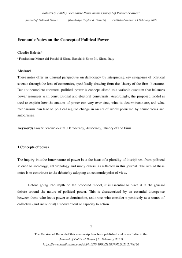 (PDF) Economic Notes on the Concept of Political Power