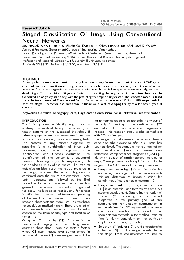 (PDF) Staged Classification Of Lungs Using Convolutional Neural Networks