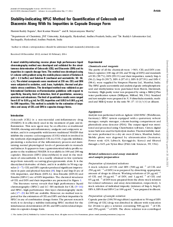 (PDF) Stability-indicating HPLC method for quantification of celecoxib and diacerein along with ...
