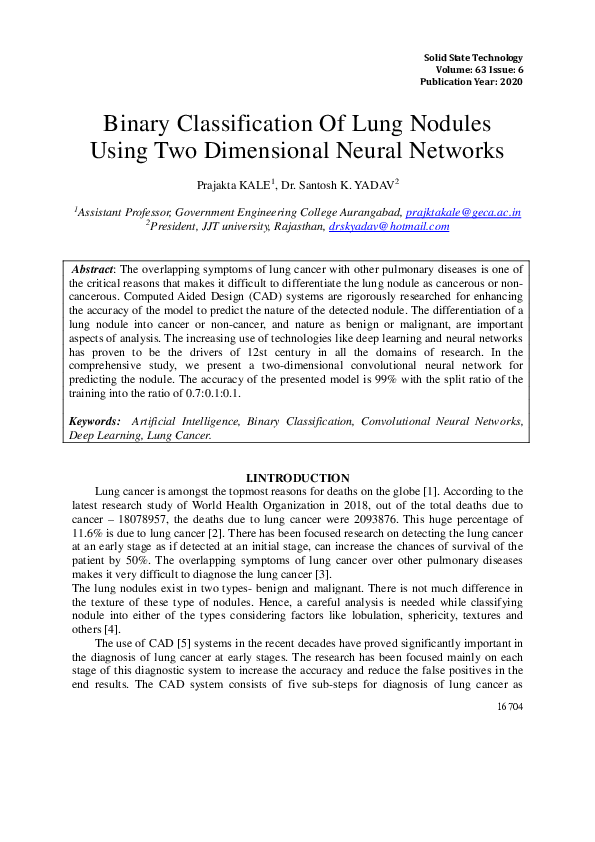 (PDF) Binary Classification Of Lung Nodules Using Two Dimensional Neural Networks