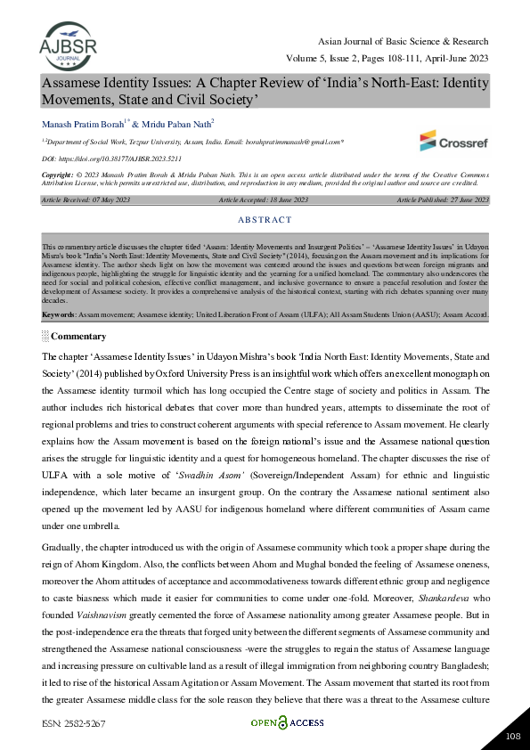 Pdf Assamese Identity Issues A Chapter Review Of ‘indias North East Identity Movements