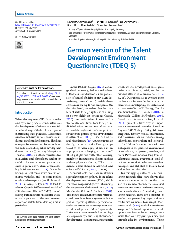 (PDF) German version of the Talent Development Environment ...