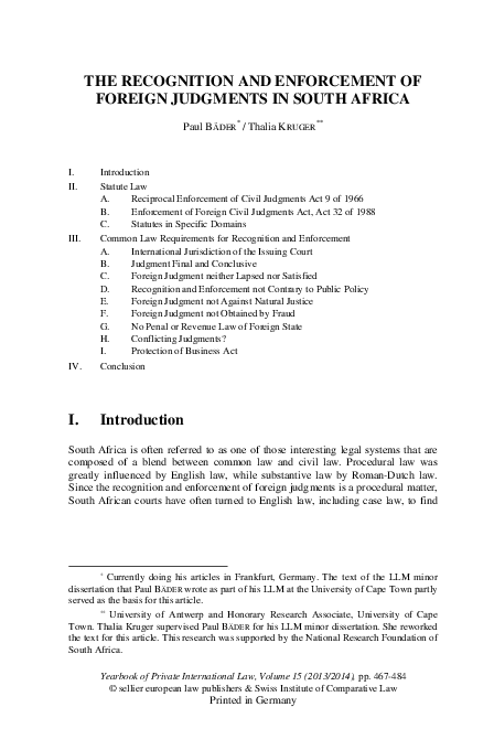 (PDF) The recognition and enforcement of foreign judgments in South Africa