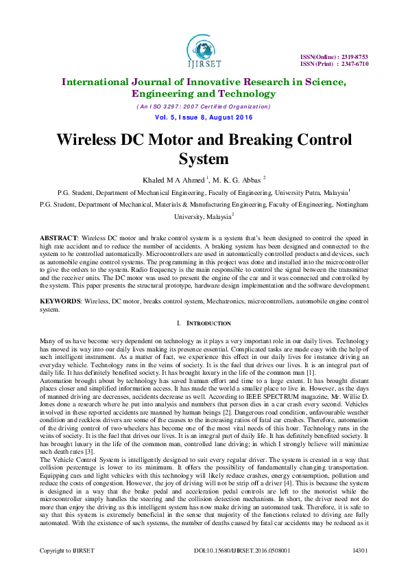 (PDF) Wireless DC Motor and Breaking Control System