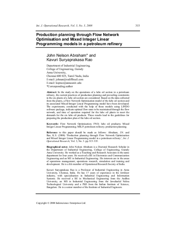 (PDF) Optimizing Lube Oil Production Planning (PDF) Optimizing Lube Oil Production Planning