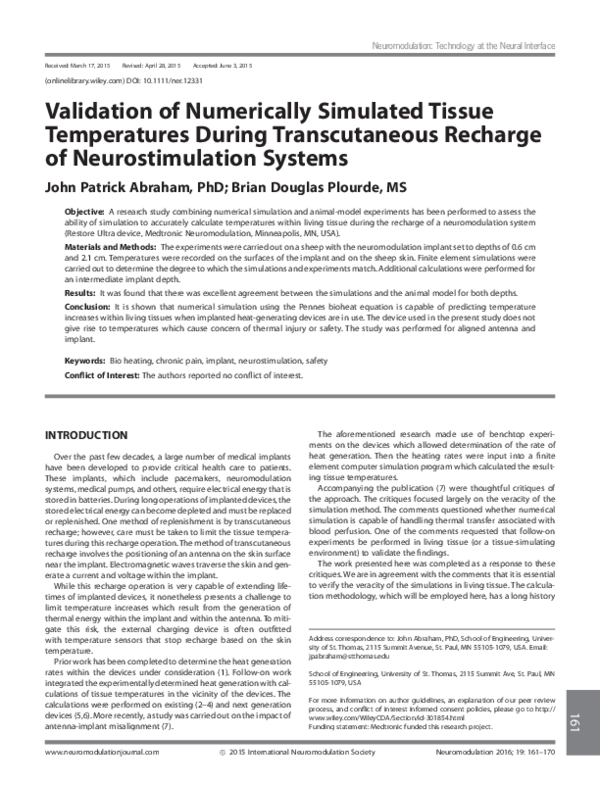 (PDF) Validation of Numerically Simulated Tissue Temperatures During Transcutaneous Recharge of ...