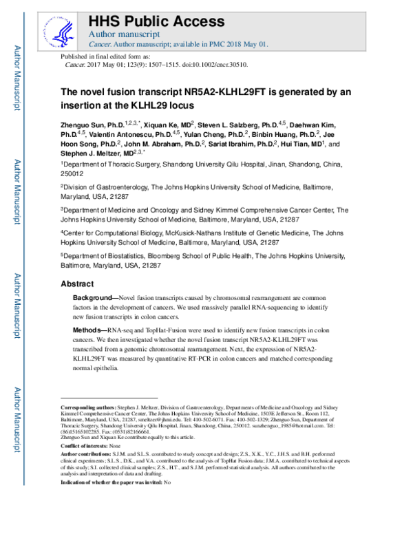 (PDF) The novel fusion transcript NR5A2-KLHL29FT is generated by an ...