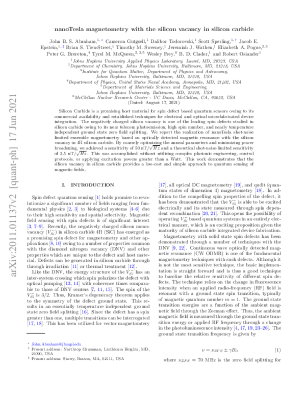 (PDF) Nanotesla Magnetometry with the Silicon Vacancy in Silicon Carbide