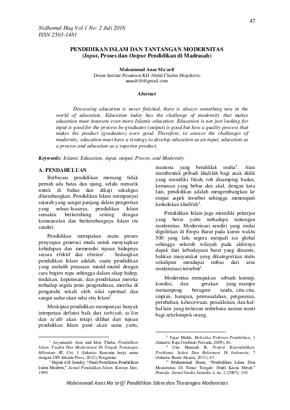 (PDF) Pendidikan Islam Dan Tantangan Modernitas (Input, Proses Dan Output Pendidikan Di Madrasah)