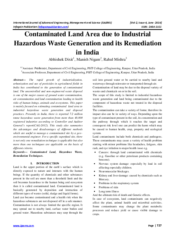 (PDF) Contaminated Land Area due to Industrial Hazardous Waste Generation and its Remediation in ...