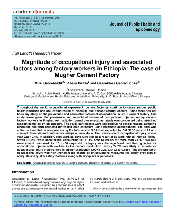 (PDF) Magnitude of occupational injury and associated factors among ...