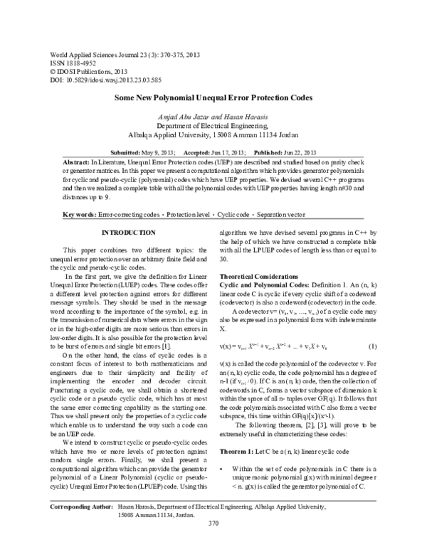 Pdf Unequal Error Protection Codes