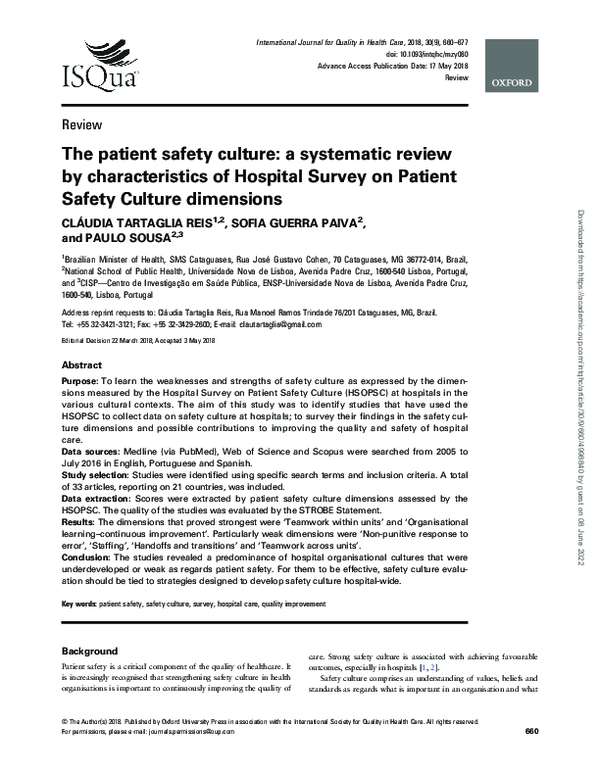 (PDF) The patient safety culture: a systematic review by ...
