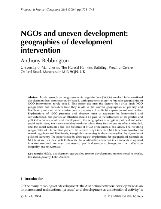 (PDF) NGOs and uneven development: geographies of development intervention