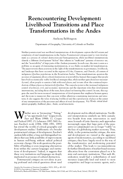 (PDF) Reencountering Development: Livelihood Transitions and Place Transformations in the Andes