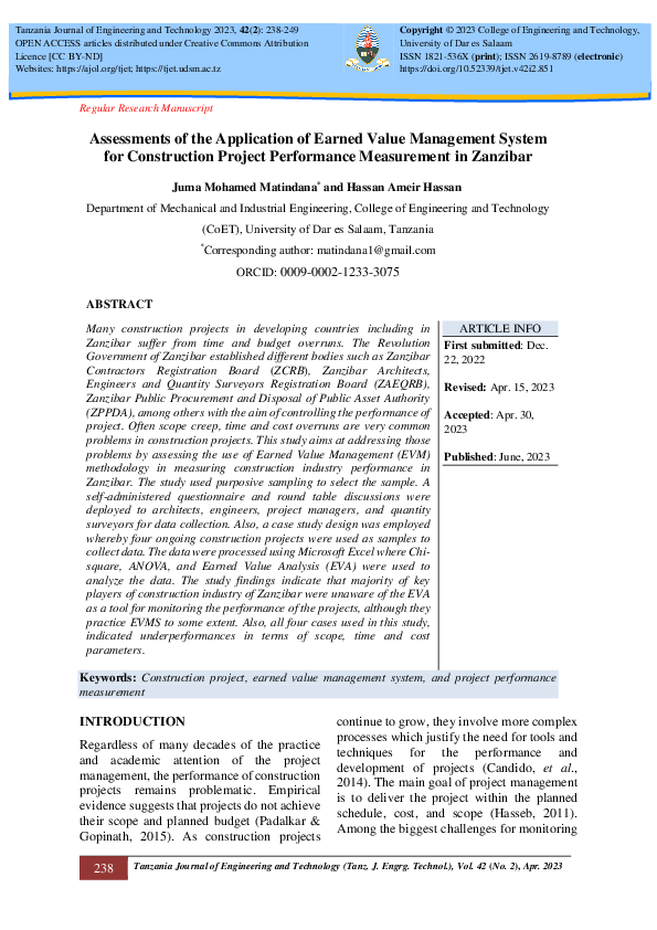 (PDF) Assessments of the Application of Earned Value Management System for Construction Project ...