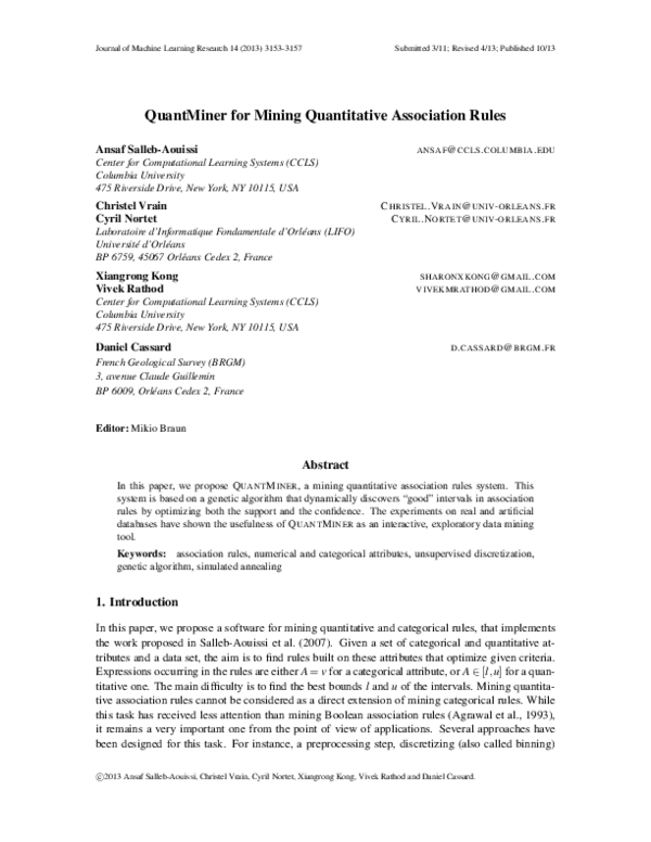 Pdf Quantminer For Mining Quantitative Association Rules Daniel Cassard