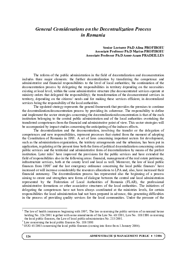 (PDF) General Considerations on the Decentralization Process in Romania General Considerations ...