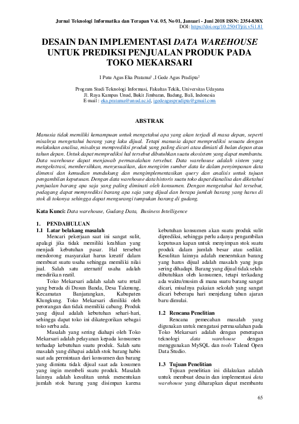 (PDF) Desain dan Implementasi Data warehouse Untuk Prediksi Penjualan Produk pada Toko Mekarsari