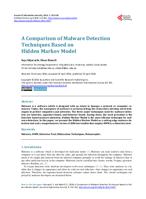 (PDF) A Comparison of Malware Detection Techniques Based on Hidden Markov Model