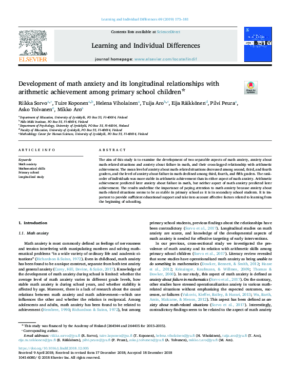 (PDF) Development of math anxiety and its longitudinal relationships ...