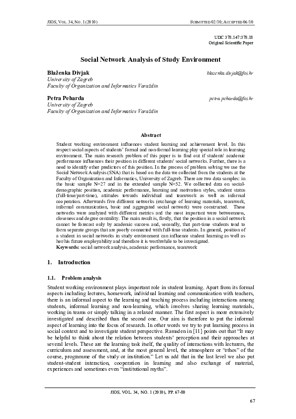 (PDF) P.: Social network analysis of study environment