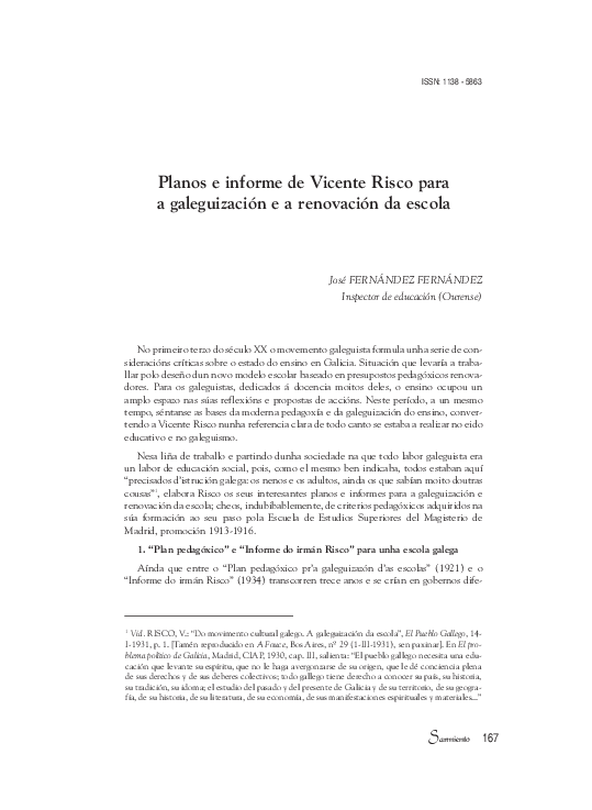 (PDF) Planos e informe de Vicente Risco para a galeguización e a renovación da escola