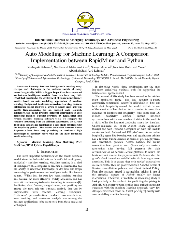 (PDF) Auto Modelling for Machine Learning: A Comparison Implementation between RapidMiner and Python