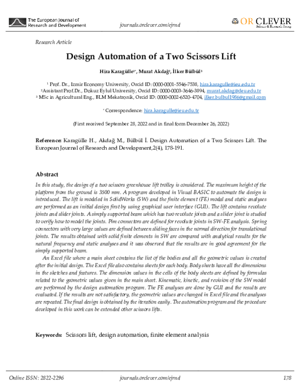 (PDF) Design Automation of a Two Scissors Lift