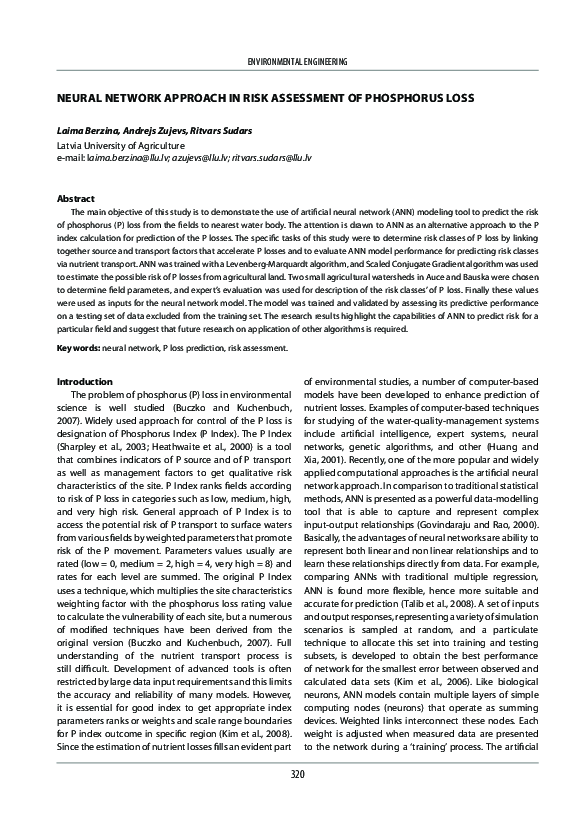 (PDF) Neural network approach in risk assessment of phosphorus loss