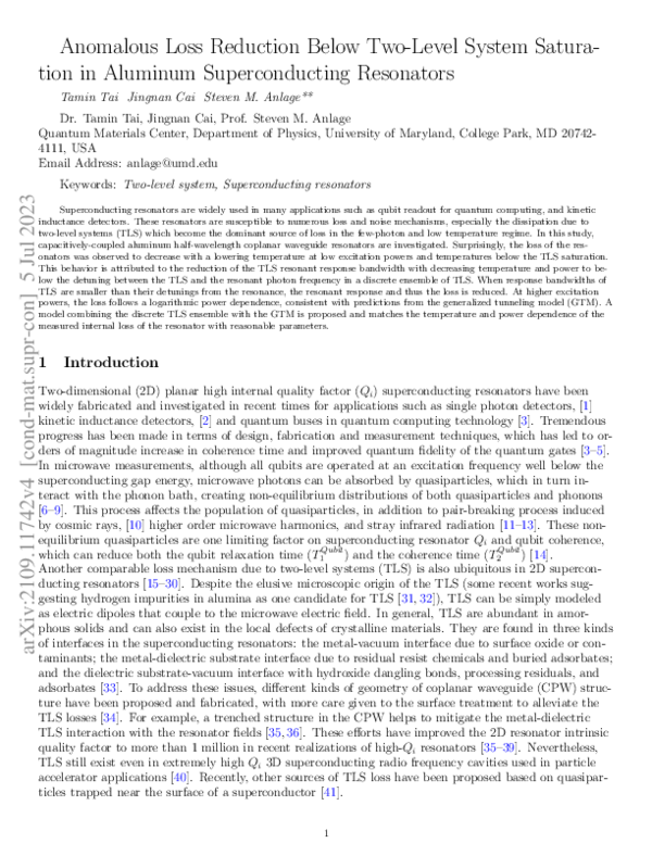 (PDF) Anomalous Loss Reduction Below Two-Level System Saturation in ...
