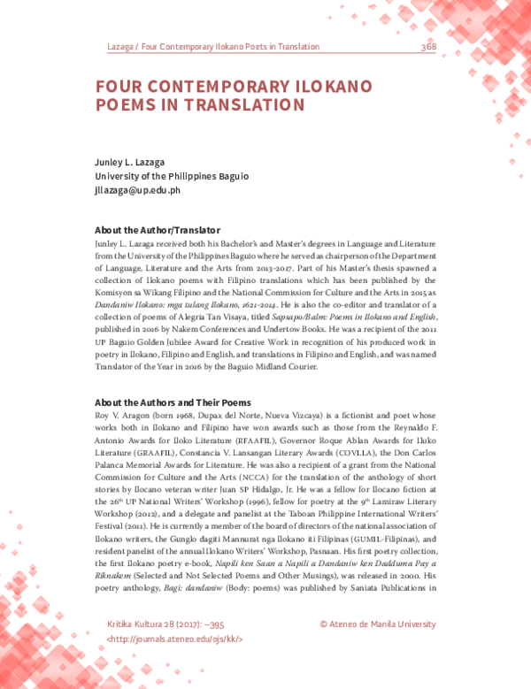 (PDF) Four Contemporary Ilokano Poems in Translation