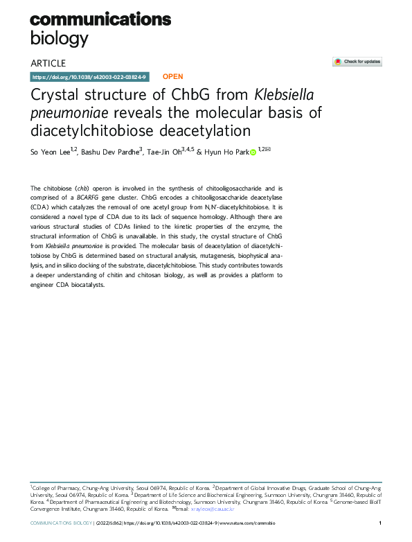 (PDF) Crystal structure of ChbG from Klebsiella pneumoniae reveals the ...