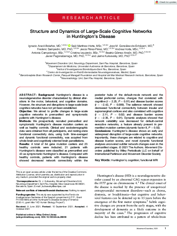 (PDF) Structure and Dynamics of Large‐Scale Cognitive Networks in Huntington's Disease