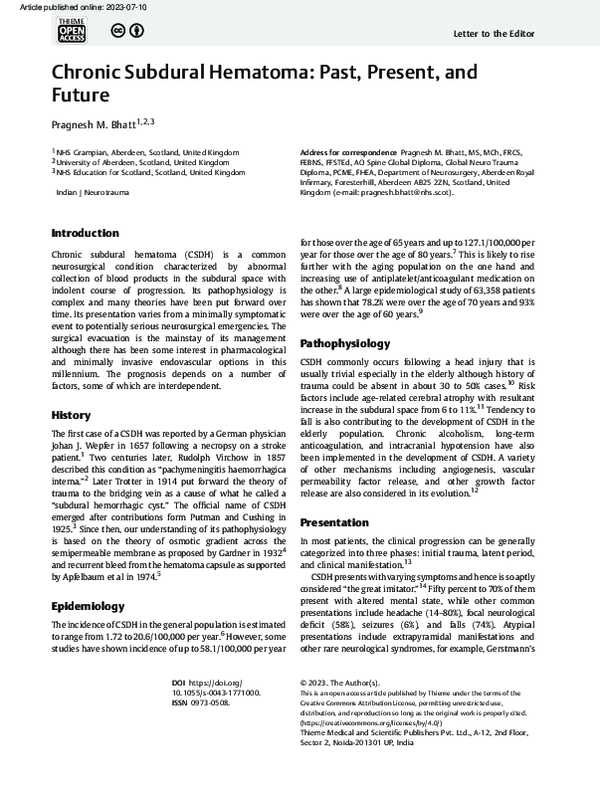 (PDF) Chronic Subdural Hematoma: Past, Present, and Future
