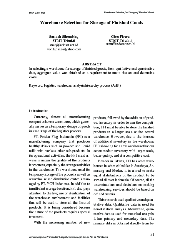 (PDF) Warehouse Selection for Storage of Finished Goods