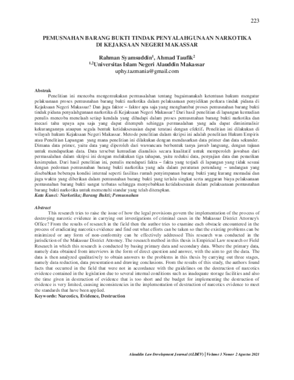 (PDF) Tinjauan Yuridis Terhadap Pemusnahan Barang Bukti Tindak Penyalahgunaan Narkotika di ...